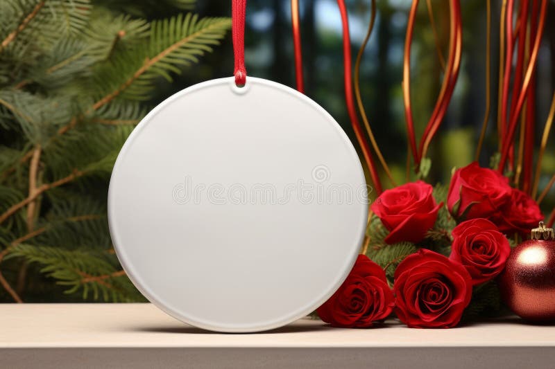 White Round Ceramic Frame with String Hangs on Christmas Tree ...