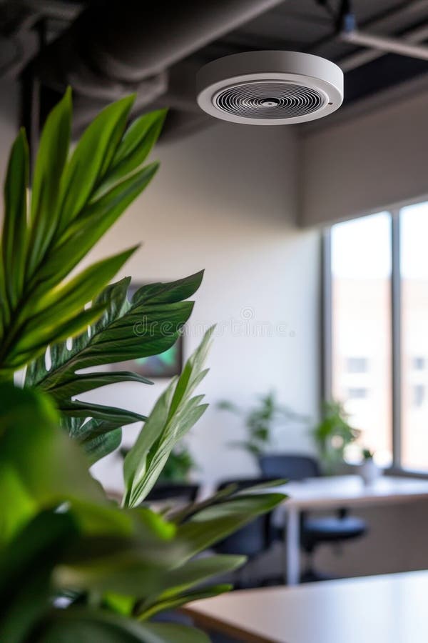 White Round Device on Office Ceiling, Plants, Large Windows, Modern ...