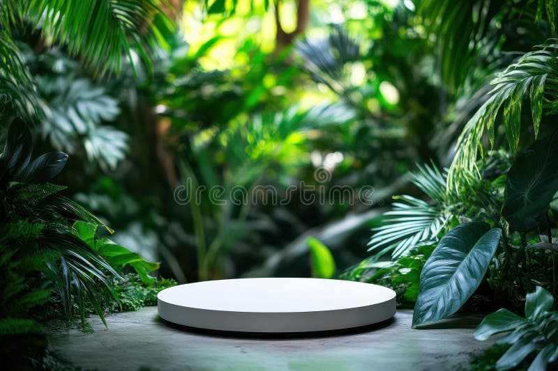 White Round Display Platform in Lush Tropical Greenery Stock ...