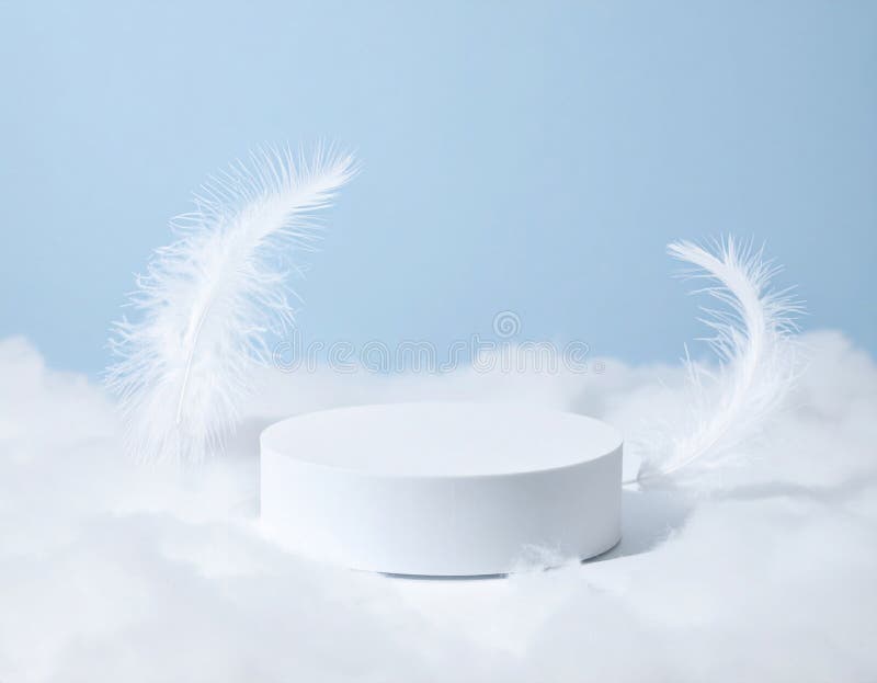 White Round Pedestal with Fluffy Feathers on Blue Background Stock ...