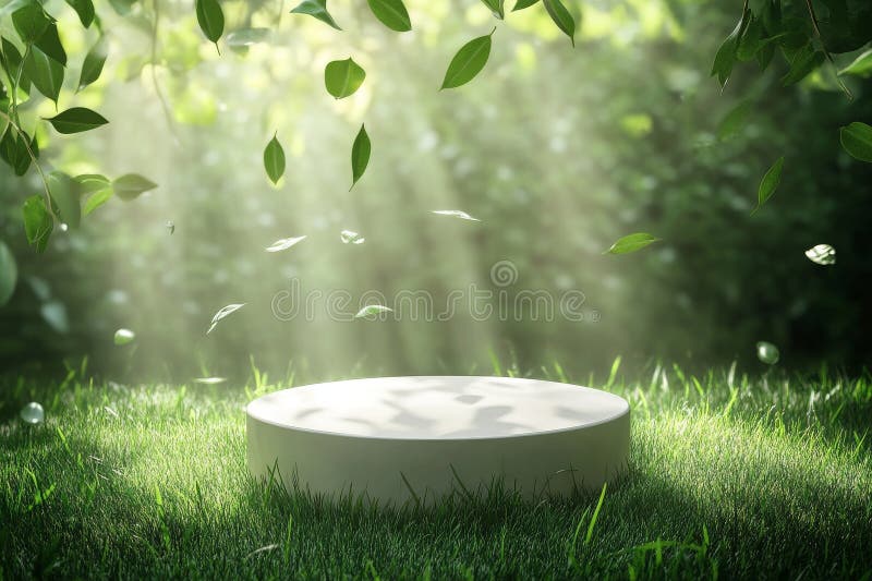 A White Round Platform with Levitating Green Foliage Around it. Stock ...