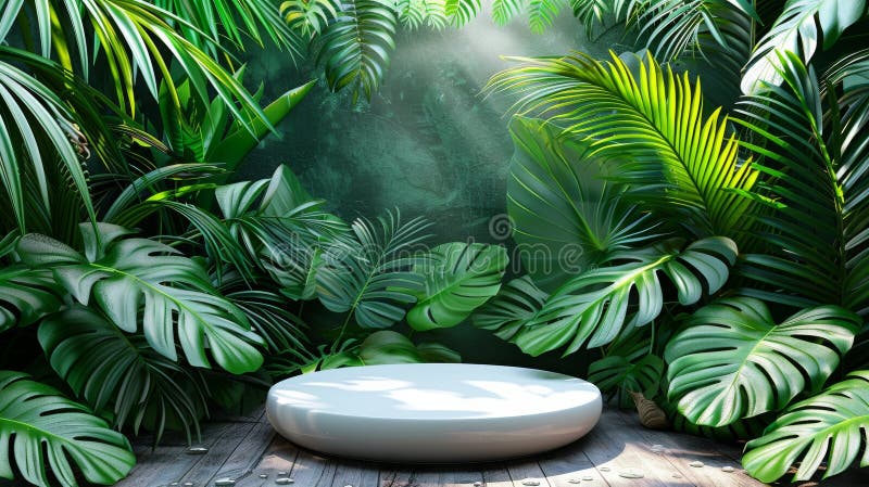 White Round Platform Surrounded by Tropical Plants, Lush Greenery Setup ...