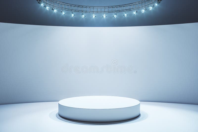 White Round Podium in Empty Stylish Hall with Light Wall and Floor and ...