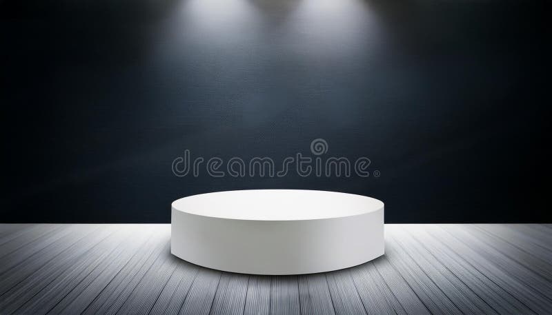 White Round Podium on Light Floor in Empty Hall with Dark Wall and Led ...