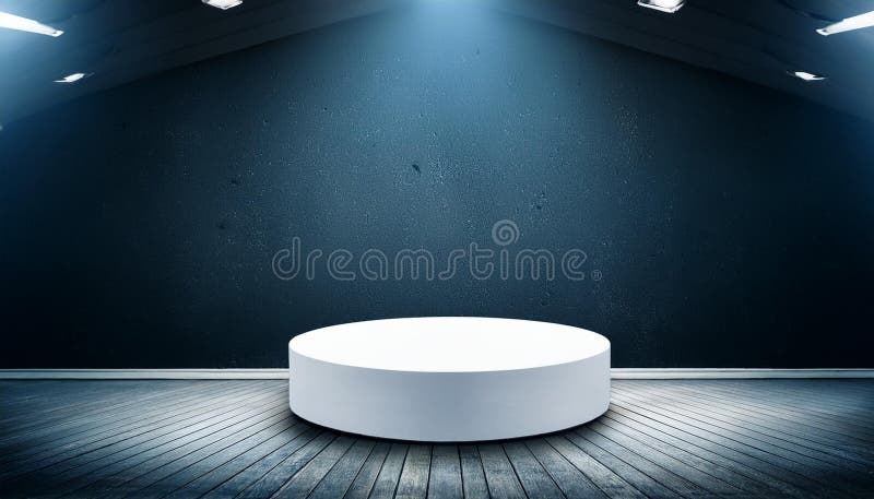 White Round Podium on Light Floor in Empty Hall with Dark Wall and Led ...