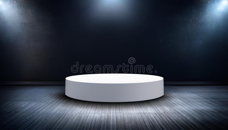 White Round Podium on Light Floor in Empty Hall with Dark Wall and Led ...