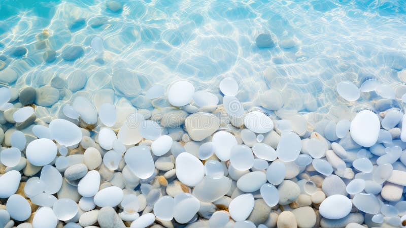 White Rounded Smooth Pebble Stone Under Transparent Water with Waves ...