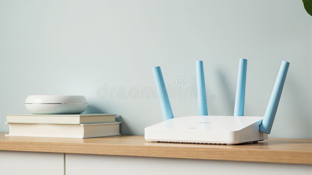 White Router with Blue Antennas on Shelf Stock Illustration ...