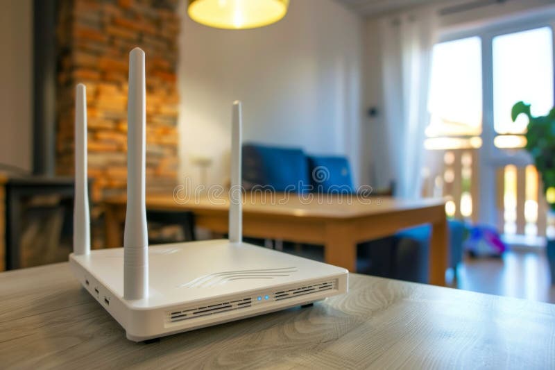 A White Router Rests on a Table in a Living Room with Hardwood Flooring ...
