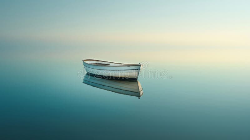 White Rowboat Floating on Calm, Clear Water with Perfect Reflection ...