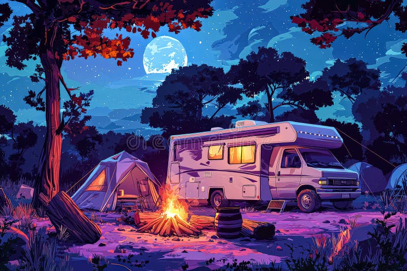 White RV is Parked in Front of a Campfire Stock Image - Image of travel ...