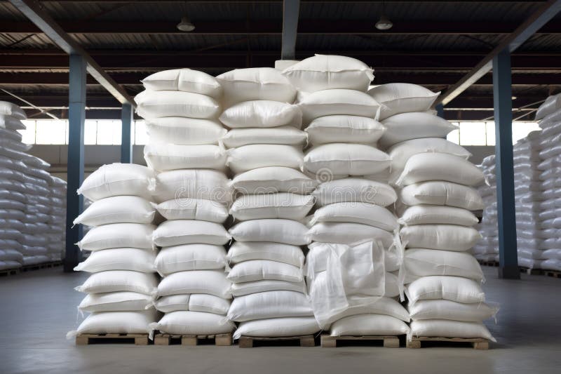 White Sacks of Flour or Sugar Stacked on Pallets in Large Warehouse ...