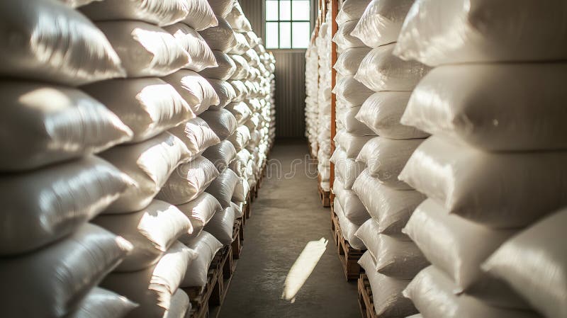 White Sacks Piled High in Warehouse Storage Facility Stock Photo ...