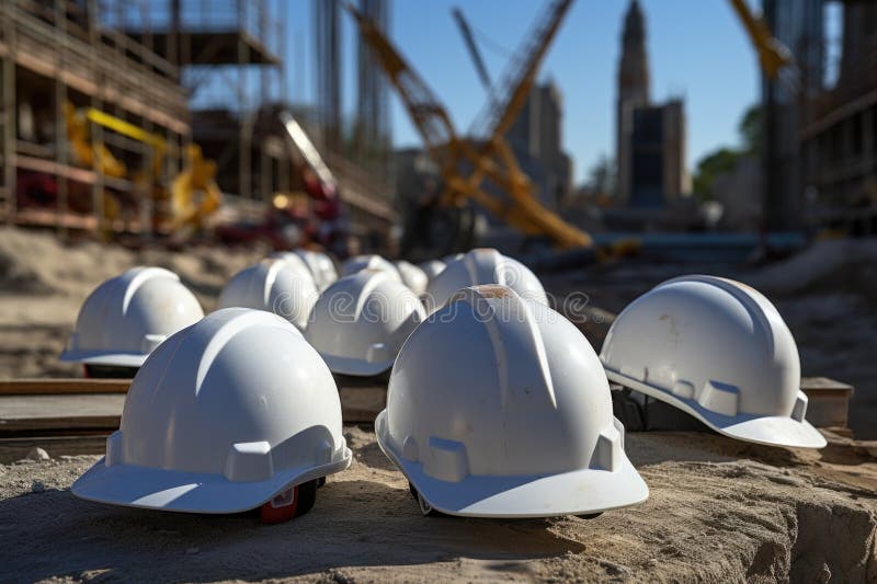 White Safety Helmets on a Construction Site Stock Photo - Image of ...