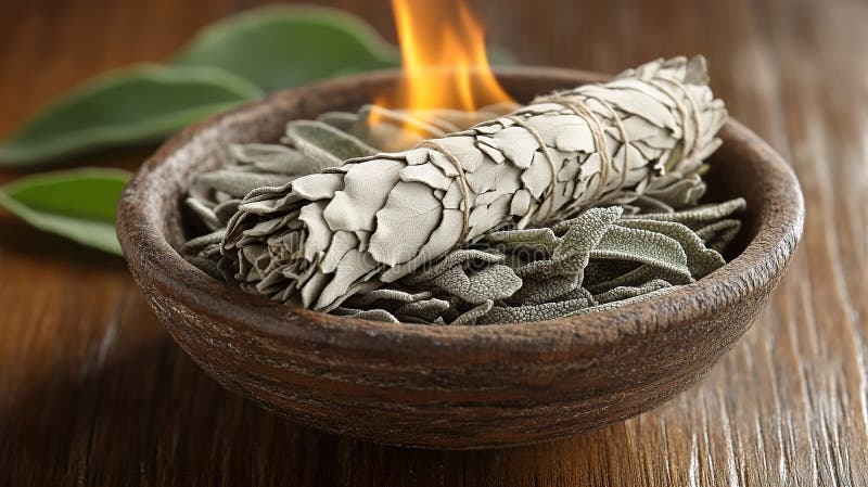 White Sage Smudge Stick Burning in a Bowl of Sage Stock Illustration ...