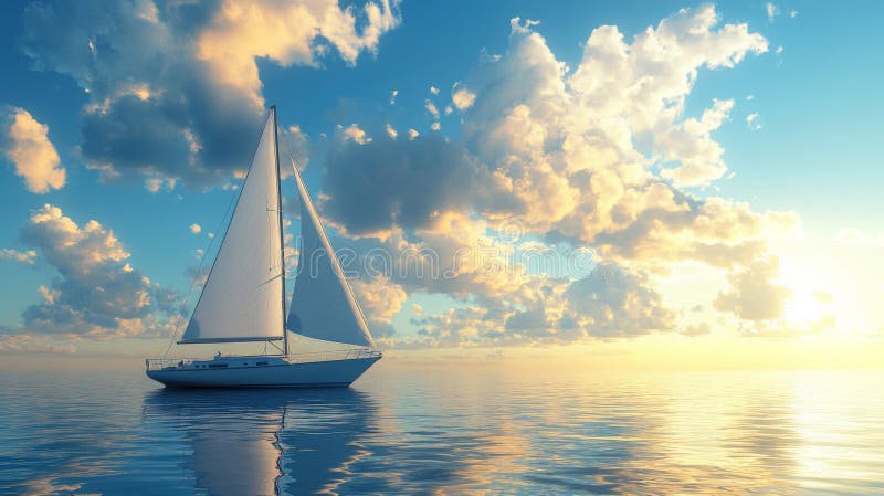 White Sailboat on Calm Ocean at Sunset Stock Illustration ...