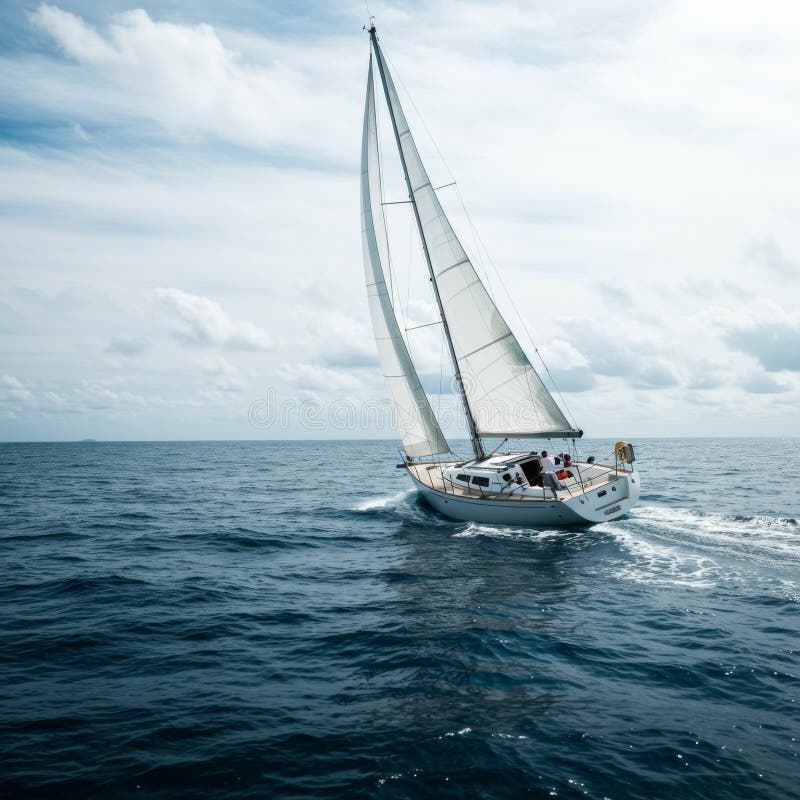 White Sailboat Sailing on a Blue Ocean Under a Cloudy Sky Stock ...