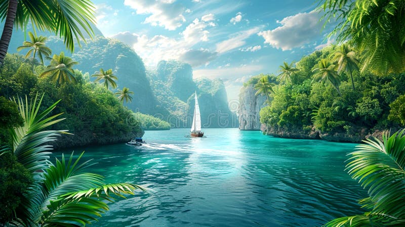 Sailboat in Tropical Lagoon with Lush Green Cliffs Stock Illustration ...