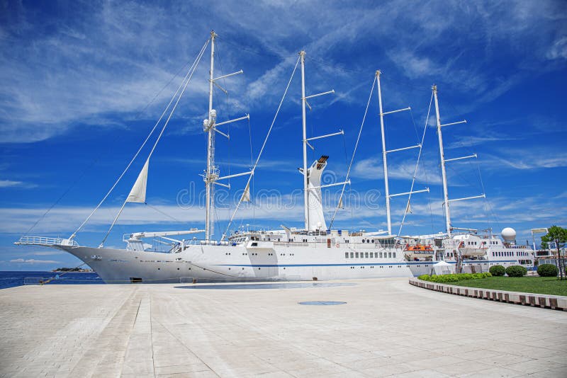 White Sailing Ship in the Port. Stock Photo - Image of transportation ...