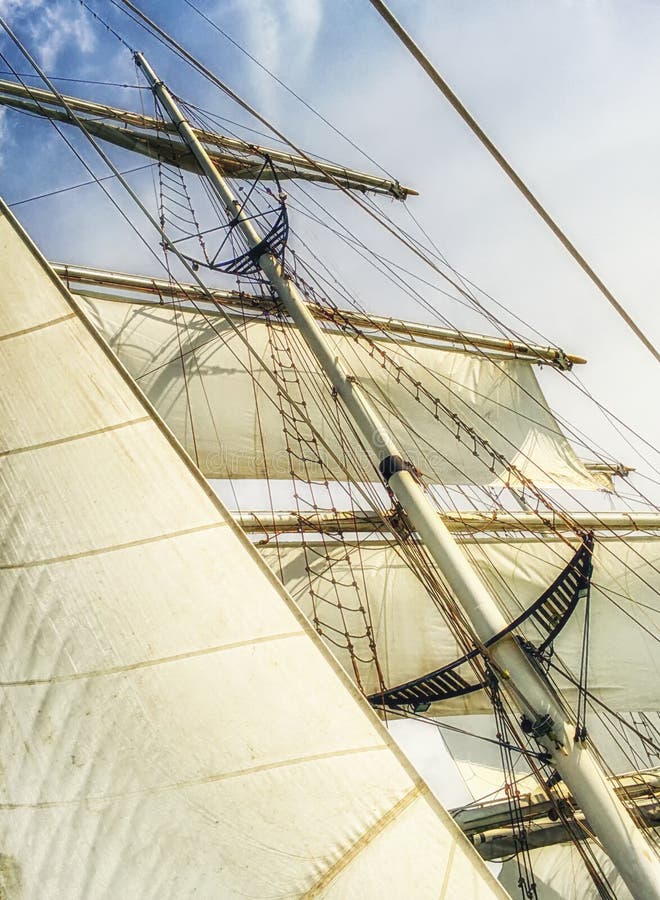 White Sails, Mast and Ropes View from Below of a Classic Sailing Ship ...