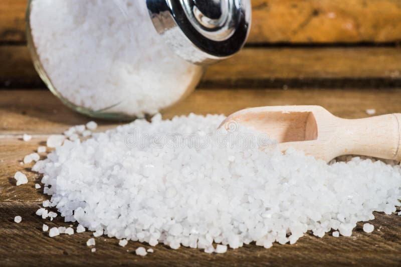 White Salt on a Wooden Background. Stock Image - Image of scoop, sharp ...