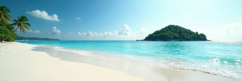 White Sand Beach, Distant Green Island Silhouette, Wave, Silhouette ...