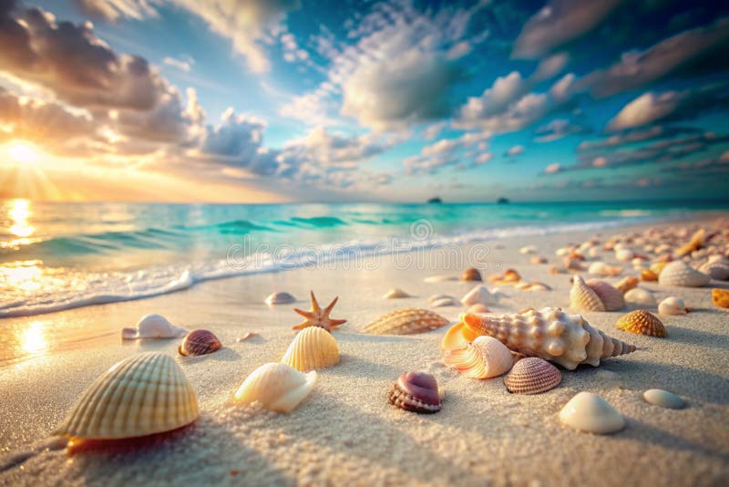 The White Sand of a Relaxing Summer Beach is Dotted with Shells Against ...