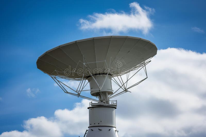 White Satellite Dish Against a Backdrop of Blue Sky and White Clouds ...