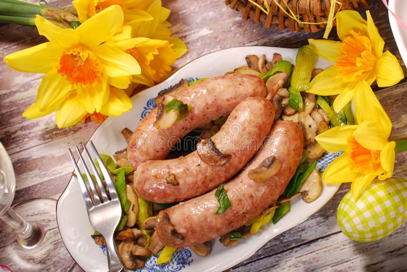 Roasted White Sausage with Onion for Easter Stock Image - Image of ...