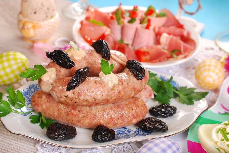 Roasted White Sausage with Onion for Easter Stock Image - Image of ...