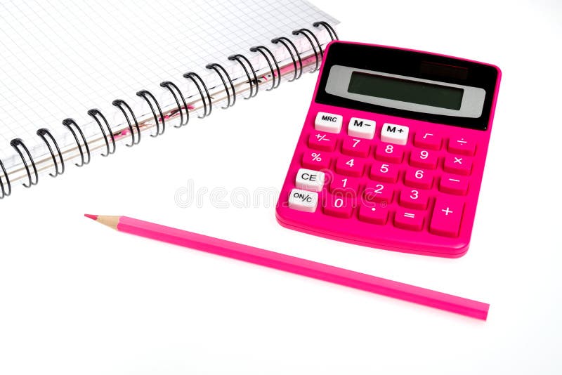 Closeup of Calculator and Notebook with Pencil on Pink Desk Stock Image ...