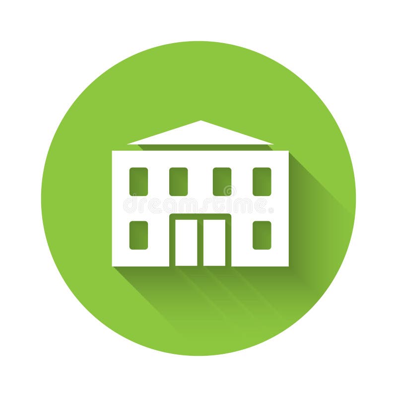 White School Building Icon Isolated with Long Shadow. Green Circle ...