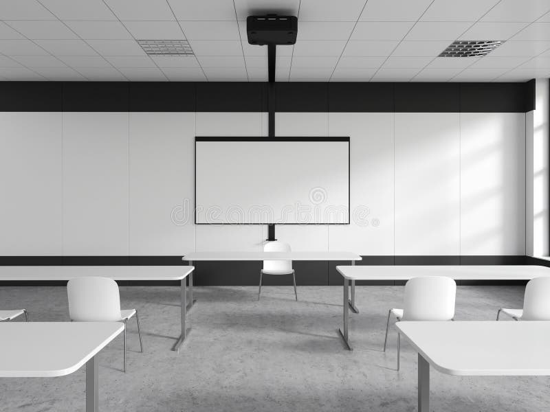 White School Classroom Interior with Projection Screen Stock ...