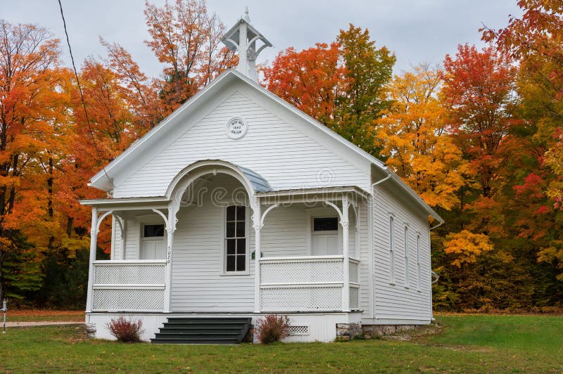 White Schoolhouse in Autumn Stock Photo - Image of nature, wooden ...