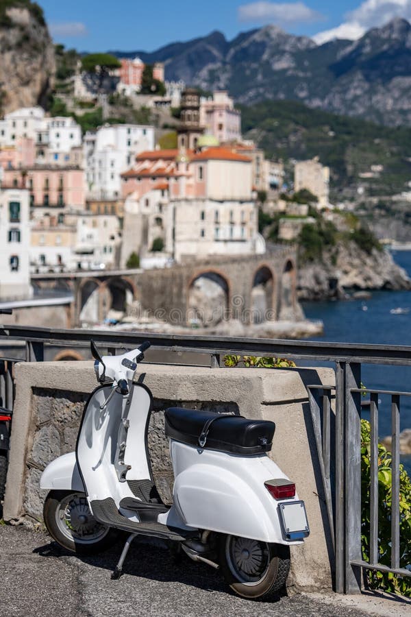 White Scooter with Background of Amalfi Coast, Italy Stock Photo ...