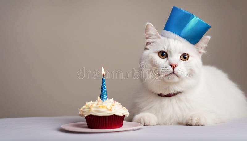 White Scottish Cat Celebrate His Birthday. Cat with Birthday Hat Stock ...