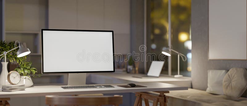 The White Screen Computer on White Table with Decorative Items, Study ...