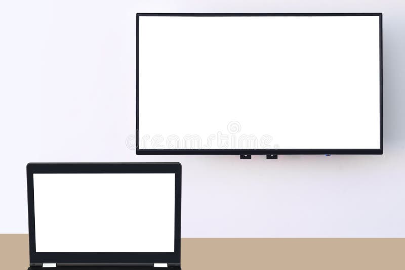 White Screen Computer on the Table and White Wide Screen Smart TV ...