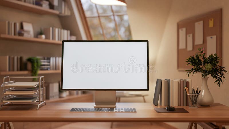 A White Screen Computer on the Wooden Table with Decorative Items ...