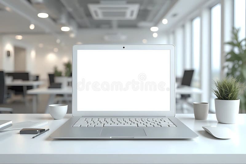 A White-screen Laptop Computer Mockup and Accessories on a White Desk ...