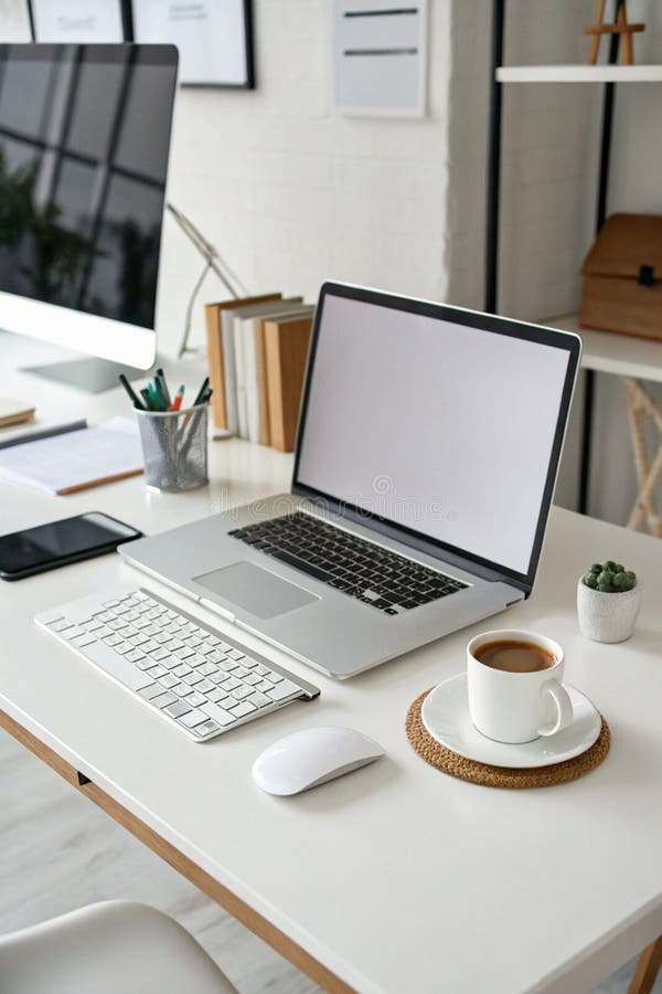 A White-screen Laptop Computer Mockup and Accessories on a White Desk ...