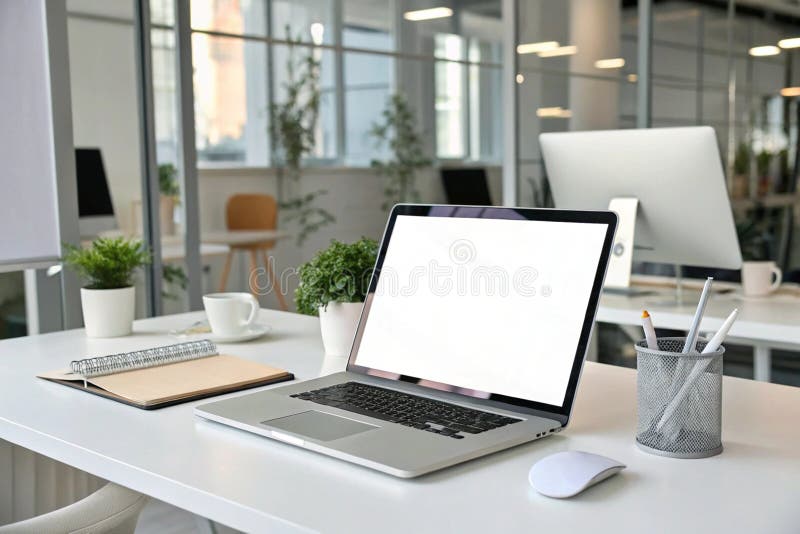 A White-screen Laptop Computer Mockup and Accessories on a White Desk ...