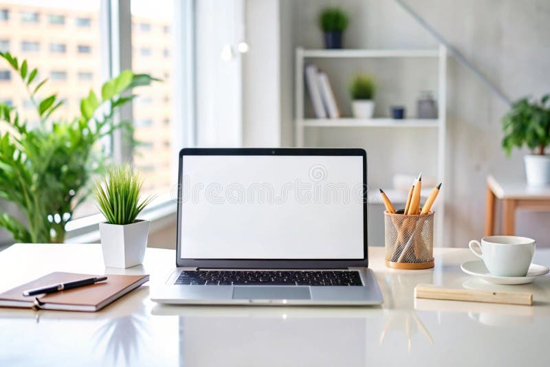 A White-Screen Laptop Computer Mockup and Accessories on a White Desk ...