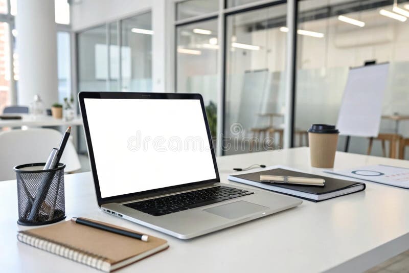 White-screen Laptop on White Desk Stock Photo - Image of styling, tones ...
