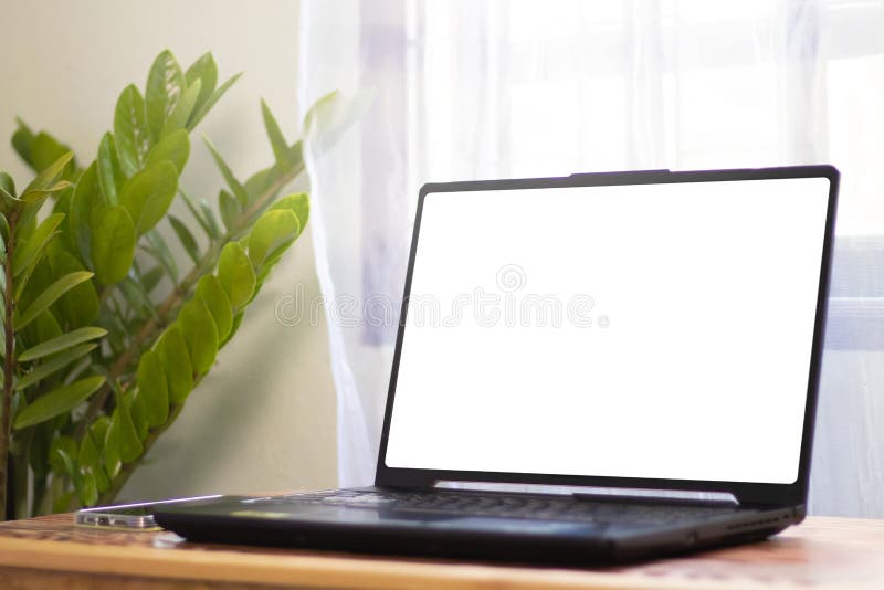 White Screen Laptop on Desk in Office Stock Photo - Image of desktop ...