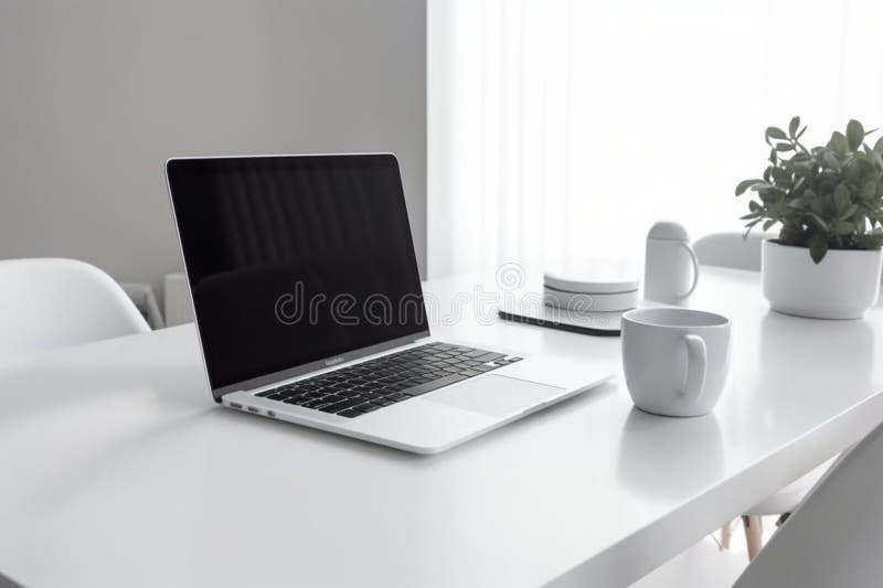 White Screen Laptop on Table with White Empty Cup Mockup Stock ...