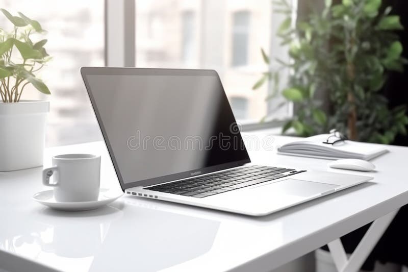 White Screen Laptop on Table with White Empty Cup Mockup Stock ...