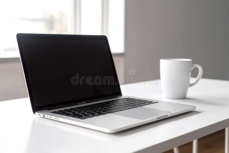 White Screen Laptop on Table with White Empty Cup Mockup Stock ...