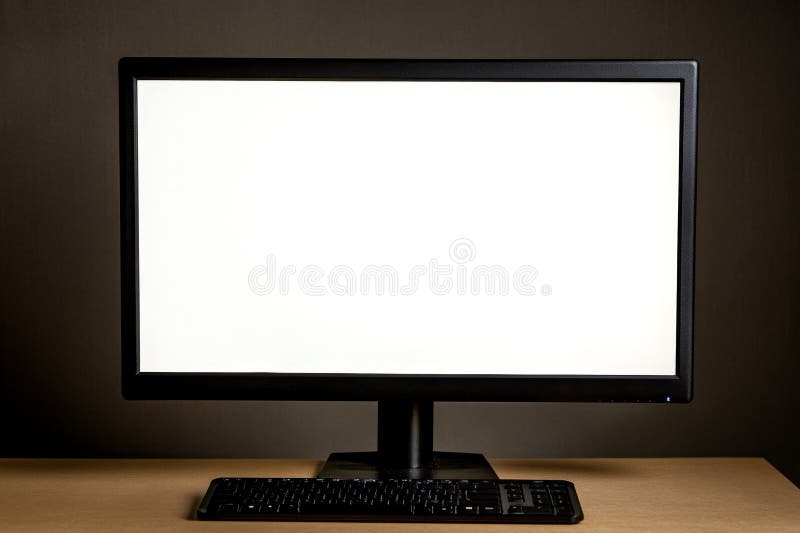 White Screen Monitor with Empty Space on Table with Keyboard. Stock ...
