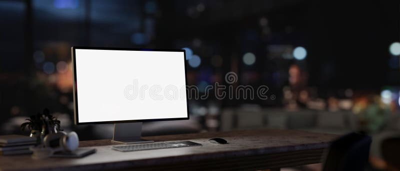 A White-screen PC Computer Mockup on a Desk in a Contemporary Dark ...